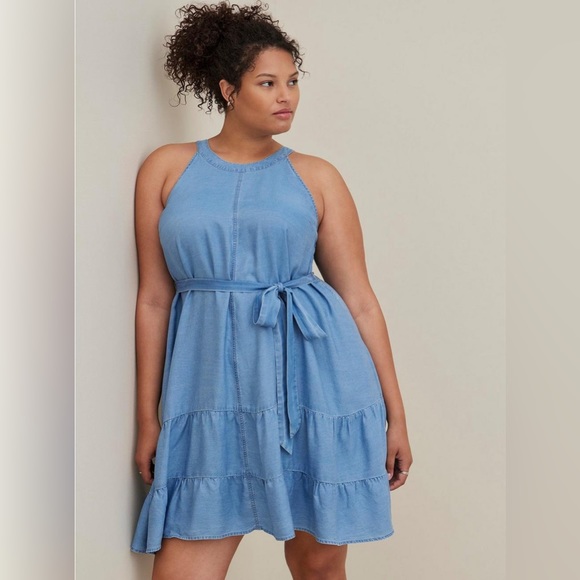 torrid | Dresses | Torrid High Neck Tiered Mini Dress Chambray Blue ...